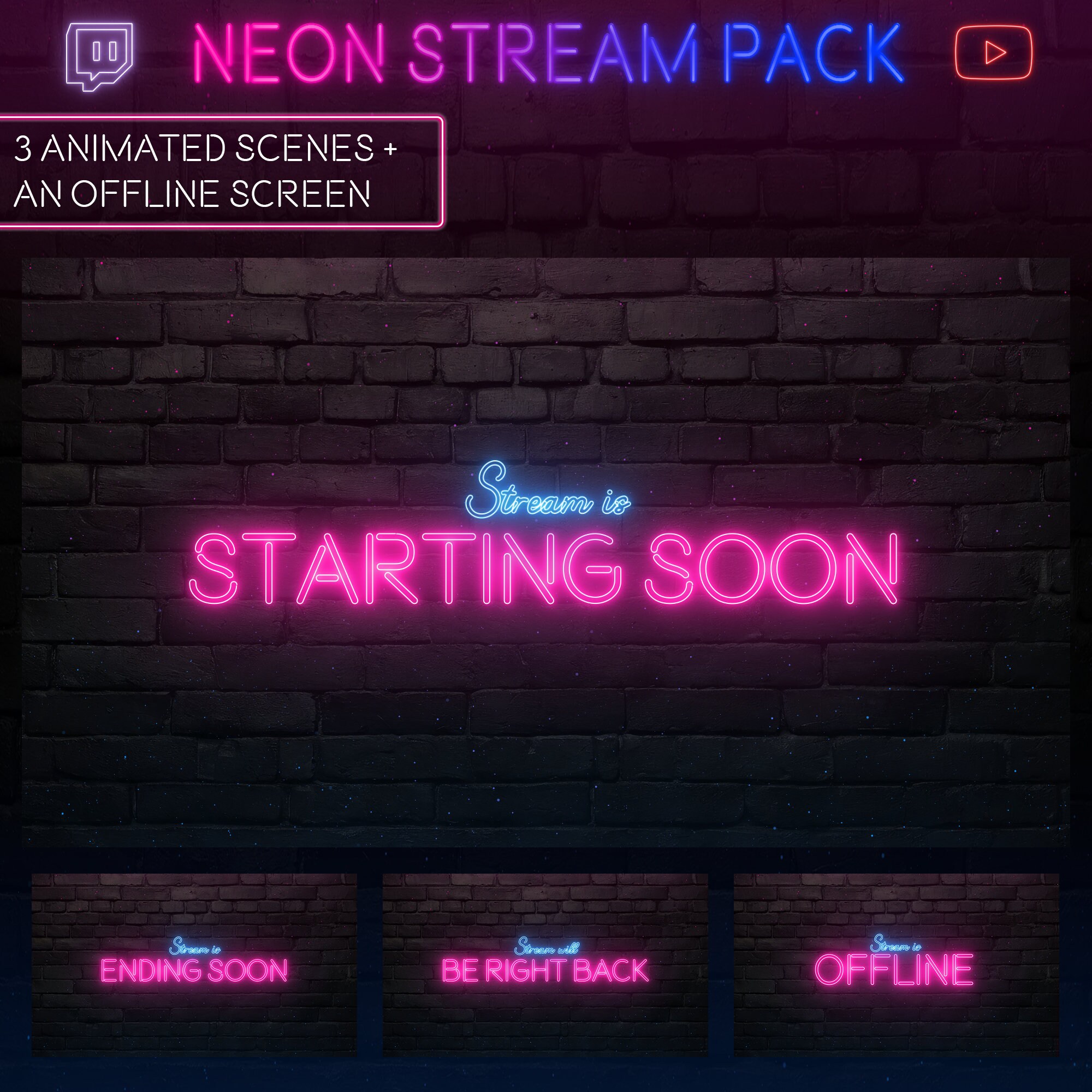 Blue/pink NEON Stream Pack | Instant Download | Twitch/youtube Overlays ...