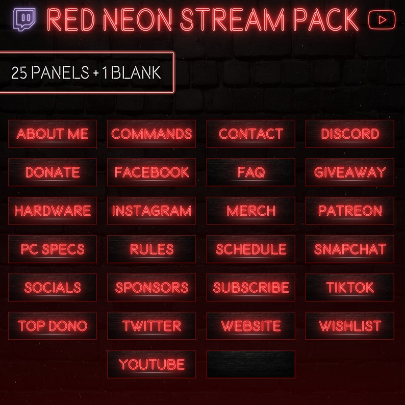 Red NEON Stream Pack | Instant Download | Twitch/youtube Overlays ...