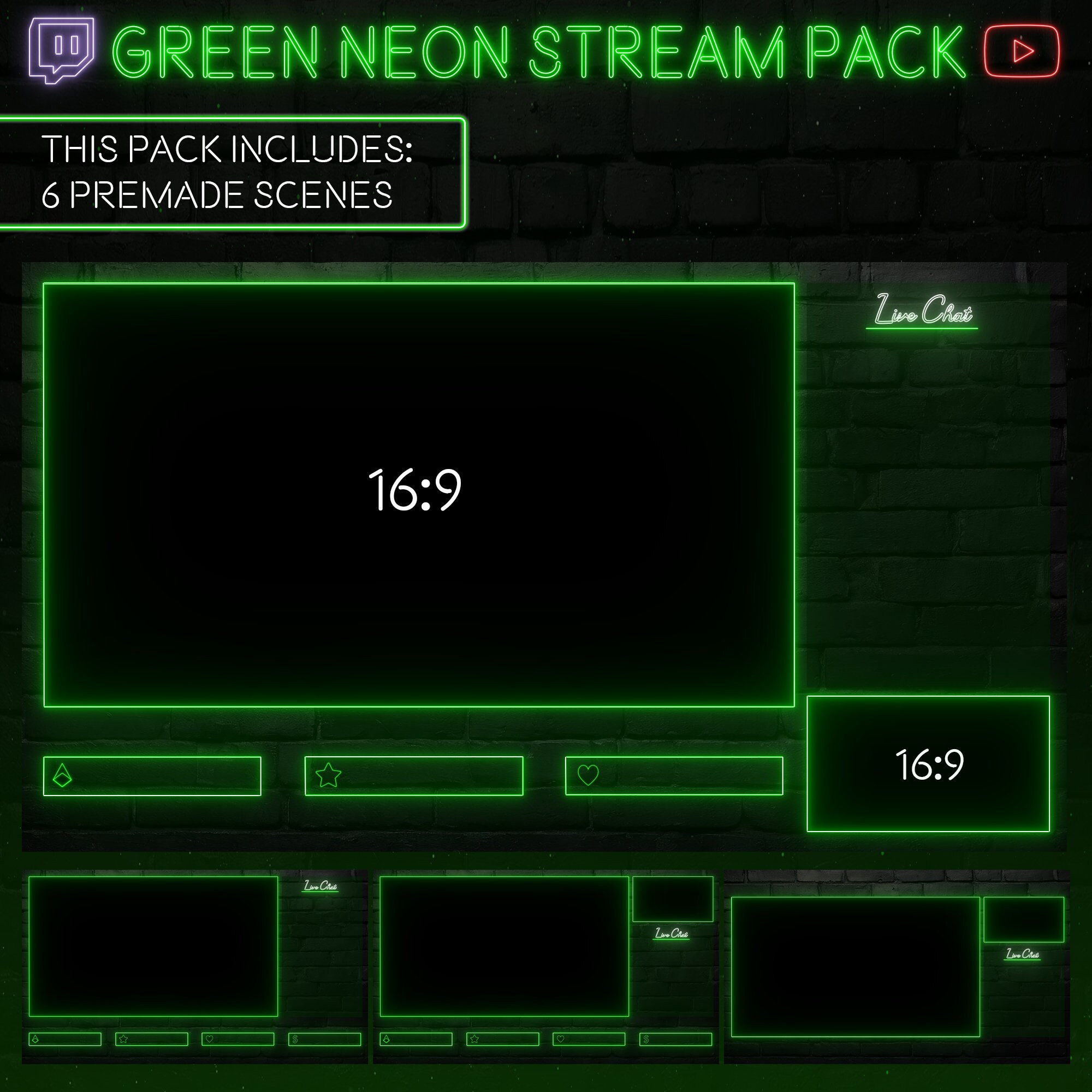 Green Neon Stream Overlay Pack | Twitch & Youtube (instant Download) - Etsy