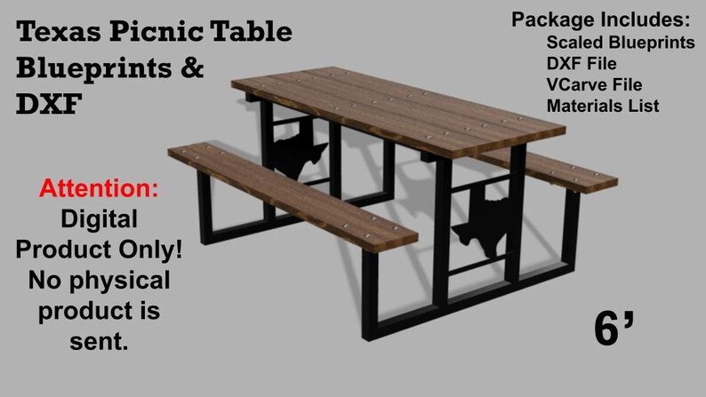 Texas Picnic Table DXF & Blueprints - Etsy