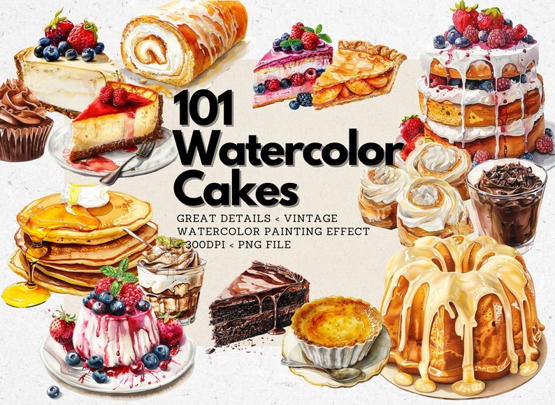 101 Beautiful Watercolor Desserts, Pies Cakes and Sweets, Premade ...