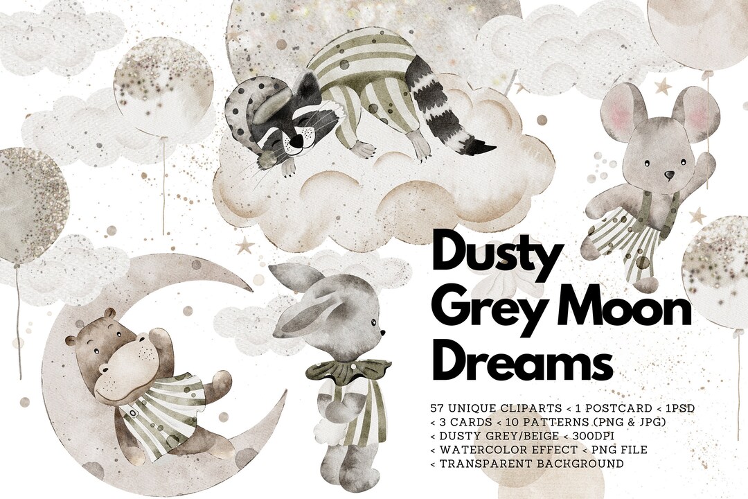 80 Dusty Grey Moon Dreams Clipart Set, Watercolor Vintage Premade ...
