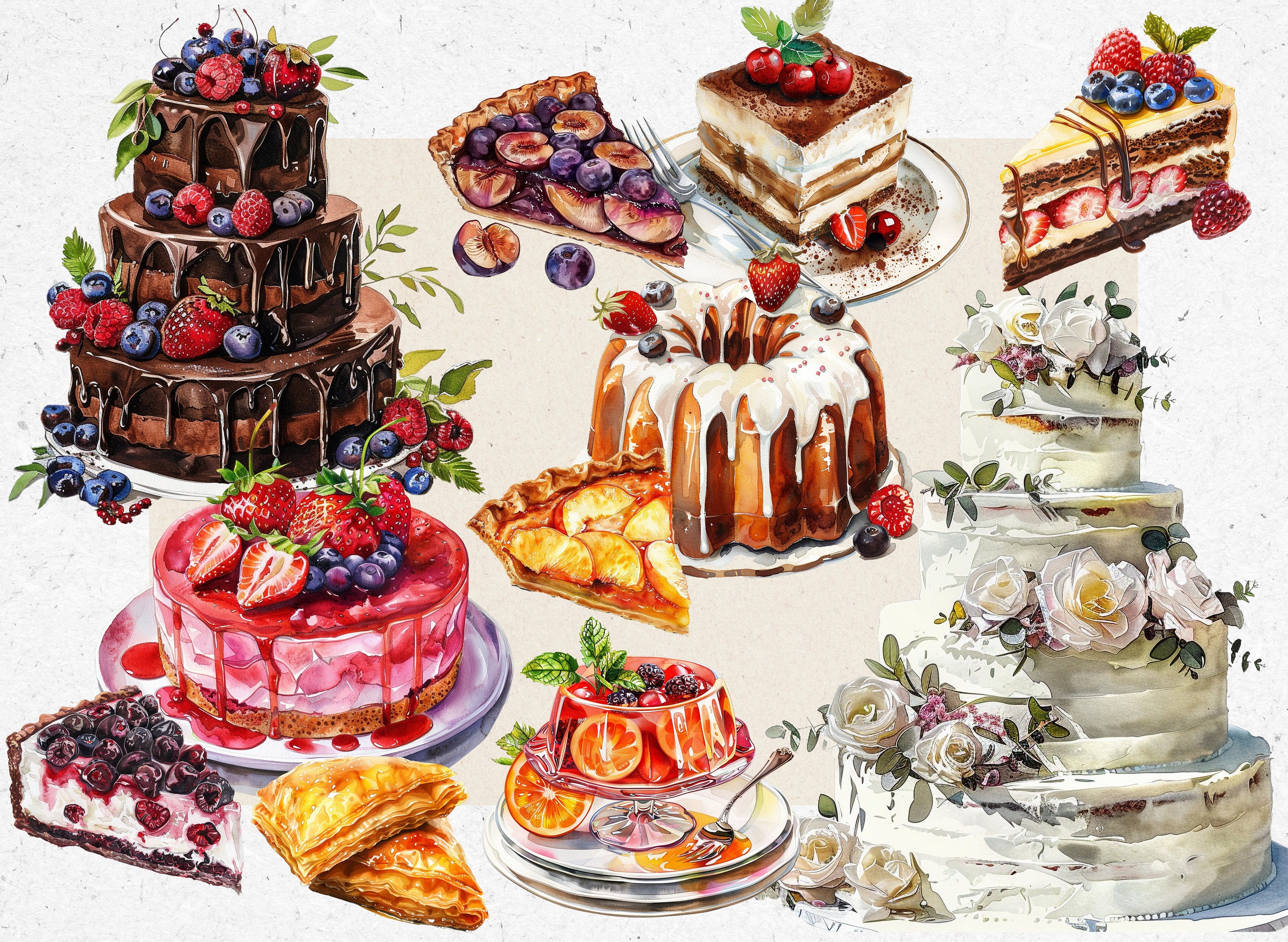 101 Beautiful Watercolor Desserts, Pies Cakes and Sweets, Premade ...