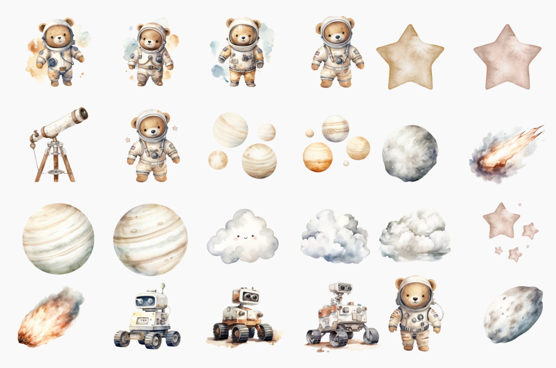 Teddy's Space Travel Clipart Bundle, 50 Premade Watercolor Clipart ...