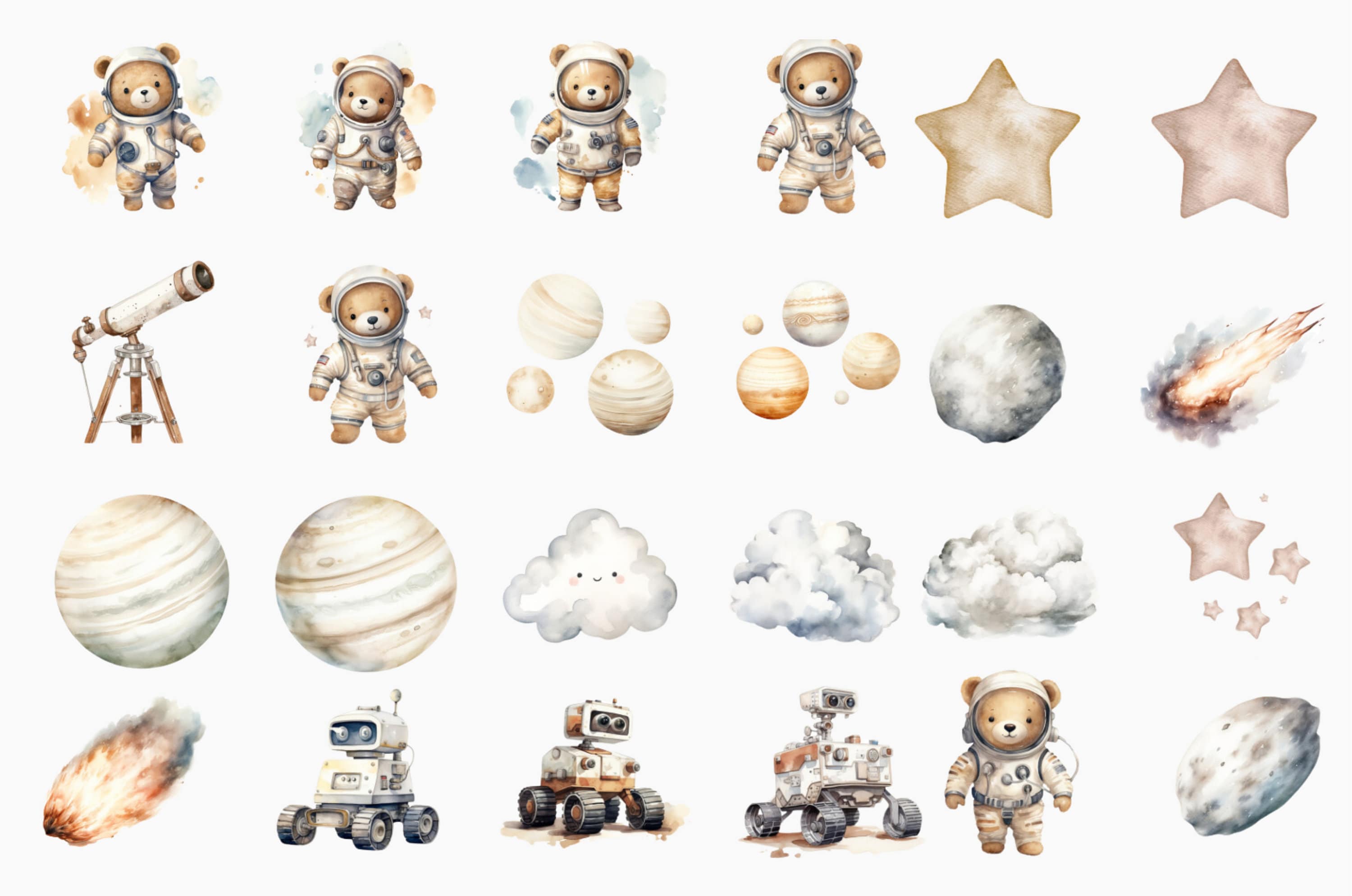 Teddy's Space Travel Clipart Bundle, 50 Premade Watercolor Clipart ...