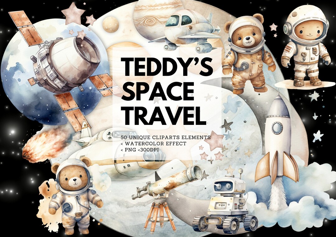 Teddy's Space Travel Clipart Bundle, 50 Premade Watercolor Clipart ...
