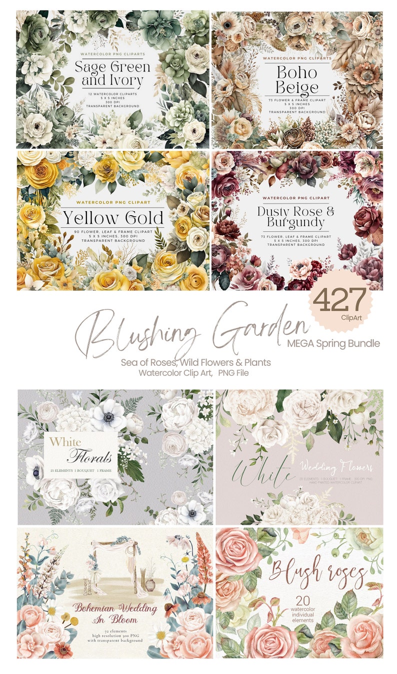 Spring Blushing Garden MEGA Clipart Bundle, Roses Flowers & Plants ...