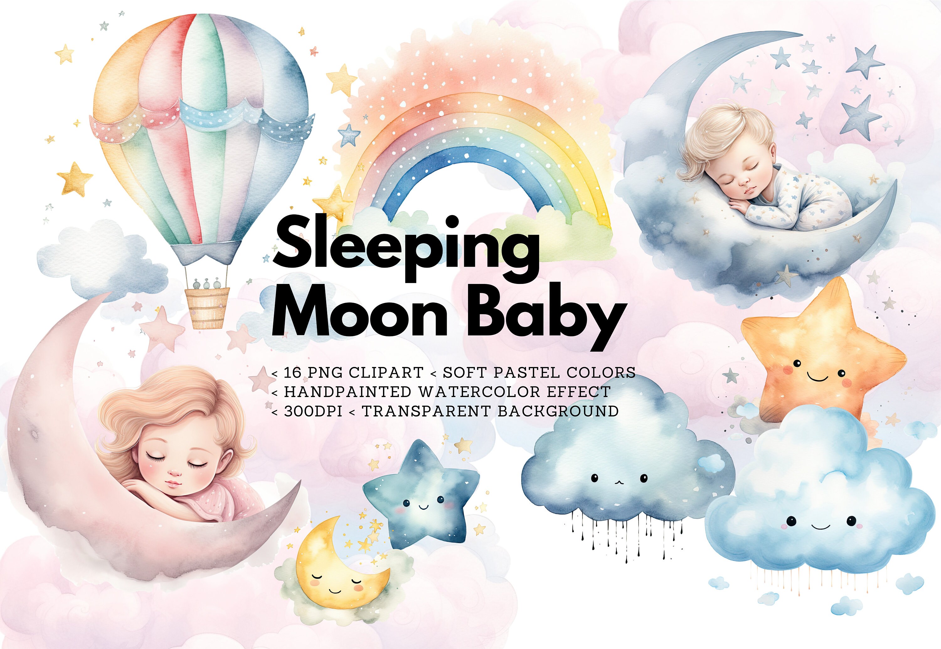 Sleeping Moon Baby Clipart Bundle, 16 Premade Watercolor Clipart ...