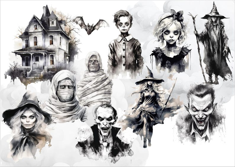 58 Haunted Mansion - Halloween Horror Clipart Bundle, Scary Watercolor ...