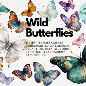 150 Watercolor Wild Butterflies Clipart Set, Vintage Retro Premade ...