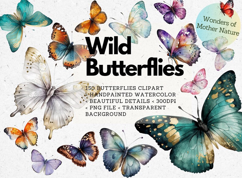 150 Watercolor Wild Butterflies Clipart Set, Vintage Retro Premade ...