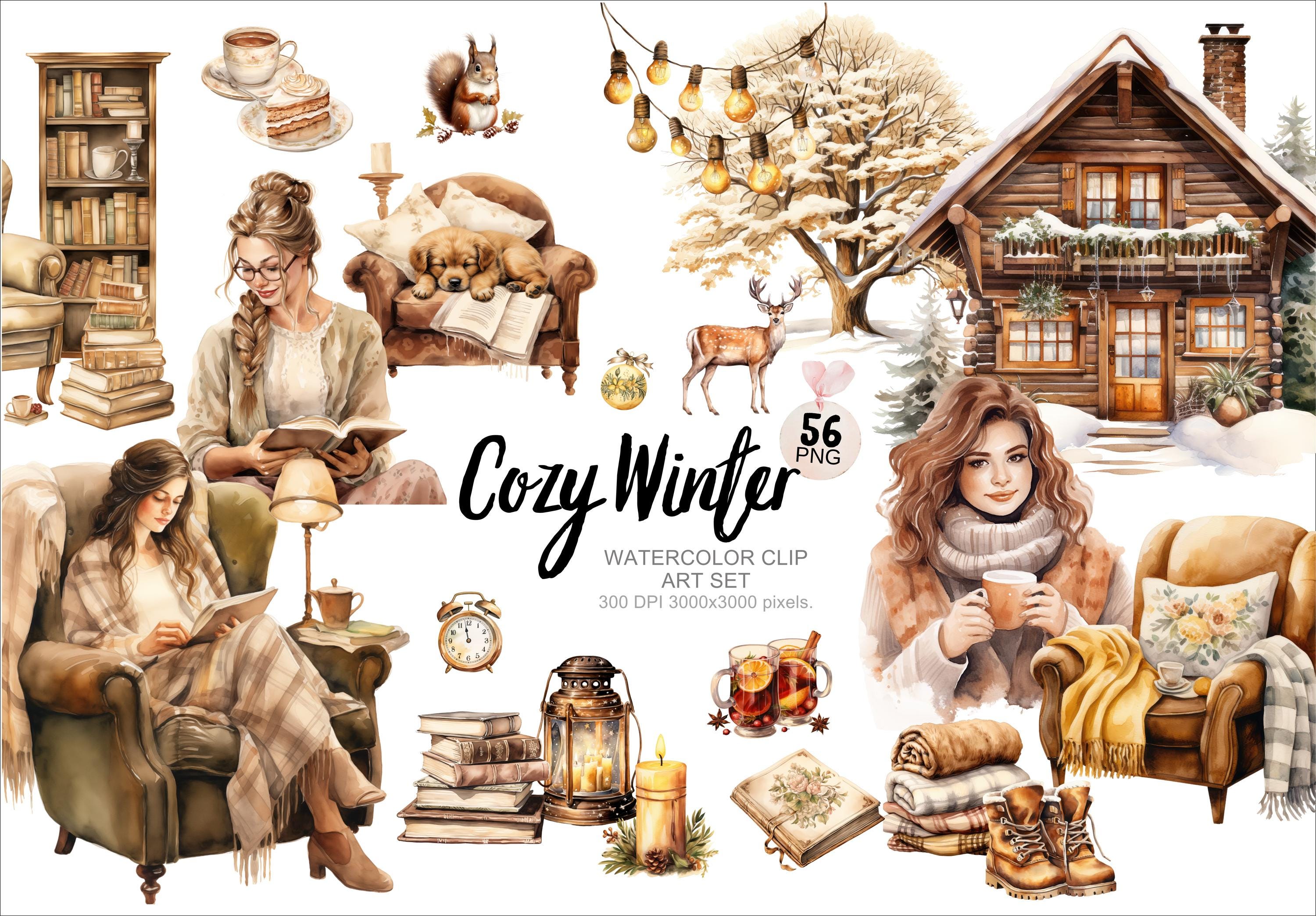 56 Cozy Winter Watercolor Clipart Bundle, Winter Escape, Warming Fires ...
