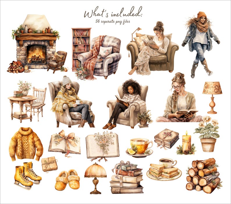 56 Cozy Winter Watercolor Clipart Bundle, Winter Escape, Warming Fires ...