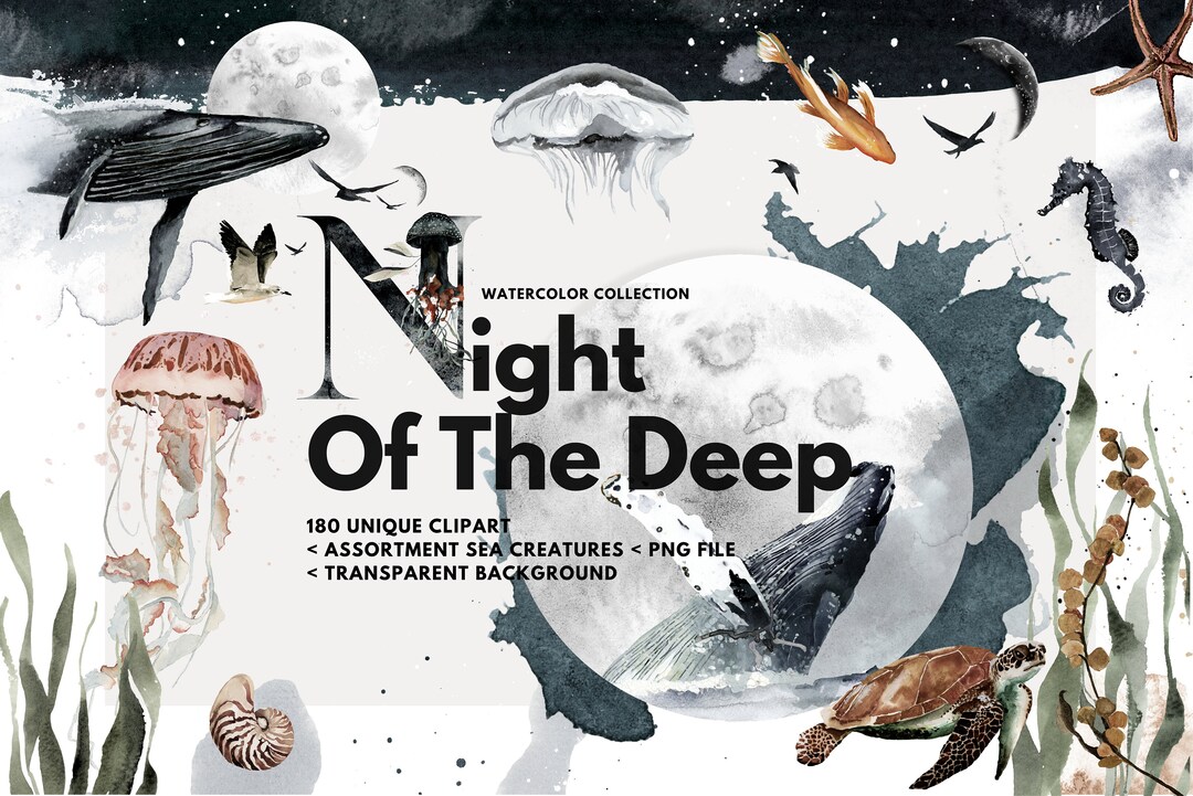 Night of the Deep MEGA Clipart Bundle, Sea Creatures, Watercolor ...
