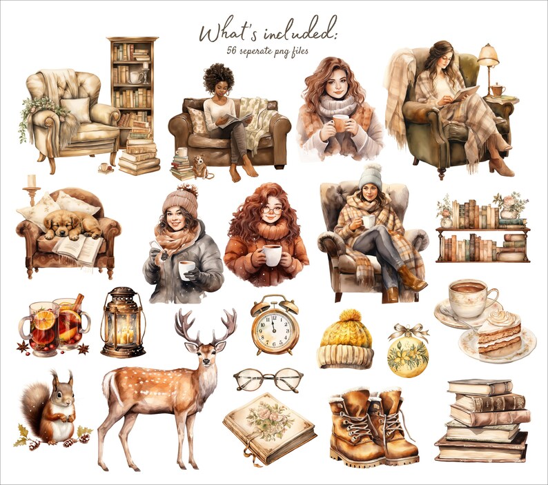 56 Cozy Winter Watercolor Clipart Bundle, Winter Escape, Warming Fires ...