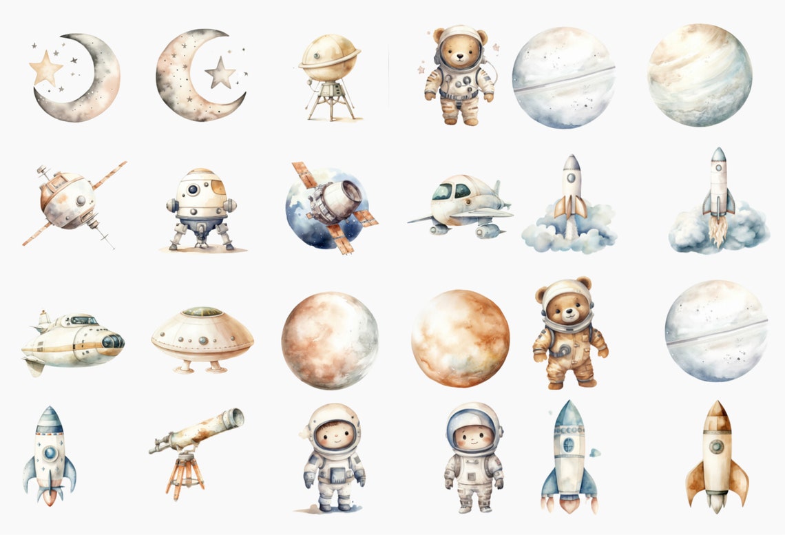 Teddy's Space Travel Clipart Bundle, 50 Premade Watercolor Clipart ...