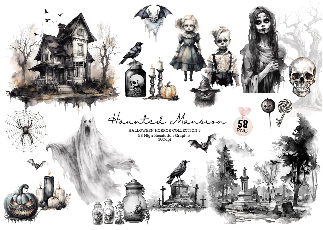 58 Haunted Mansion - Halloween Horror Clipart Bundle, Scary Watercolor ...