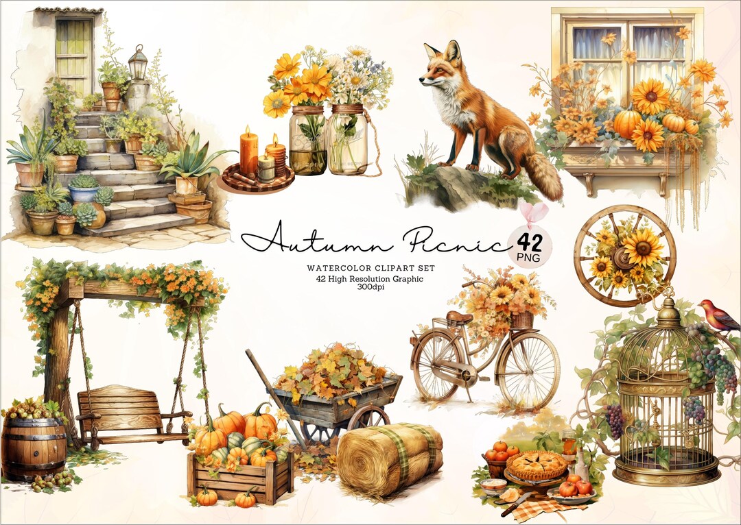 42 Autumn Picnic Watercolor Clipart Bundle, Fall Season, Holiday Escape ...