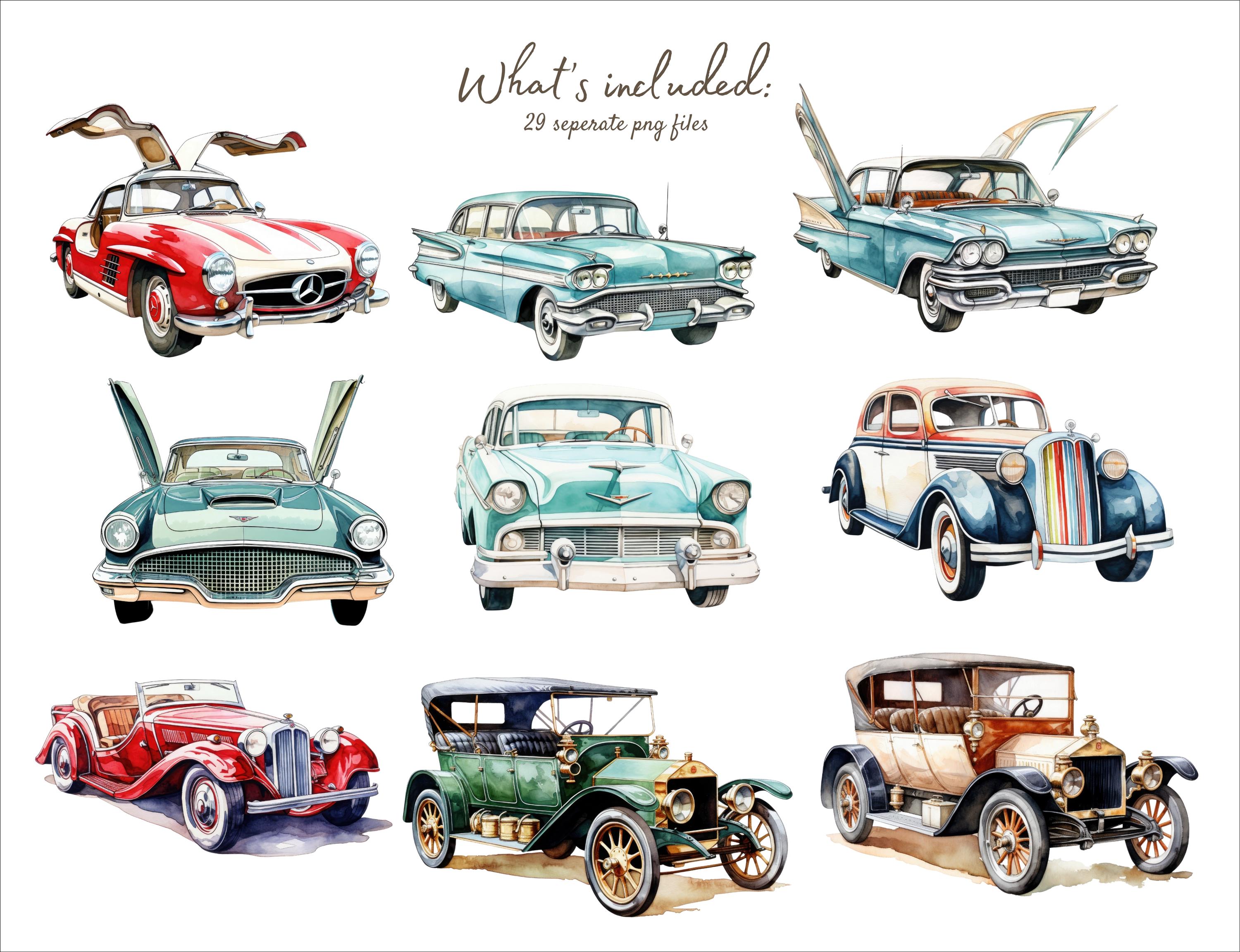 Vintage Cars Clipart Bundle, Watercolor Clipart, Classic Cars, Old Cars ...