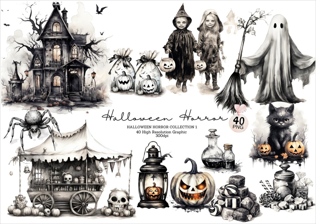 40 Halloween Horror Clipart Bundle, Scary Watercolor Graphics, Haunted ...