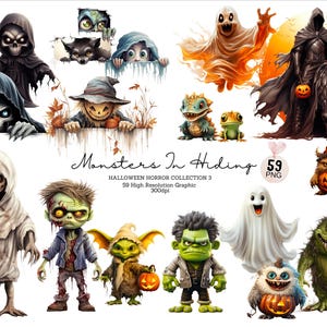 59 Monsters in Hiding - Halloween Horror Clipart Bundle, Scary Graphics ...