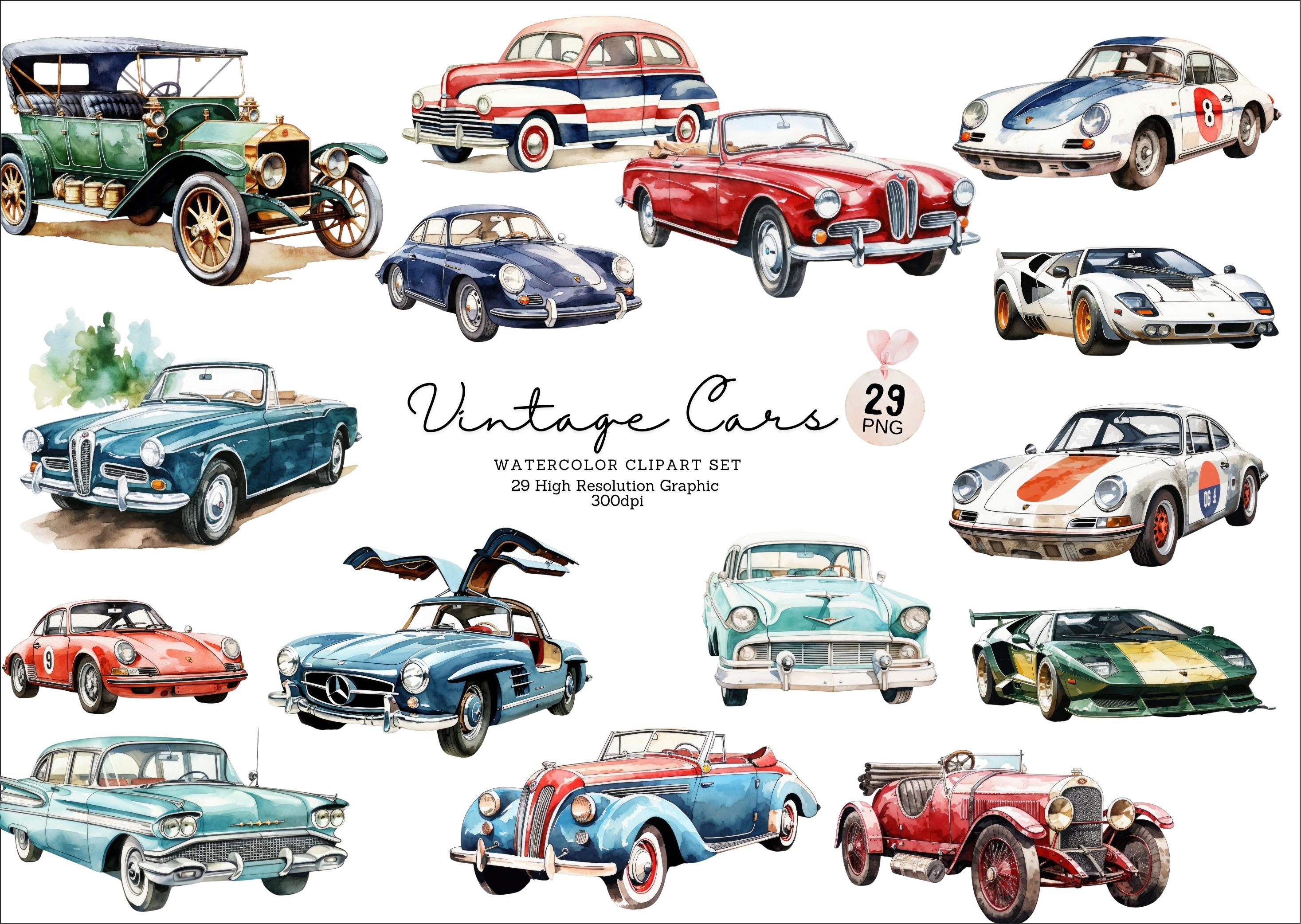 Vintage Cars Clipart Bundle, Watercolor Clipart, Classic Cars, Old Cars ...