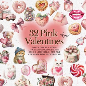 32 Beautiful Assorted Pink Valentines Clipart Set, Customize Your Gift ...