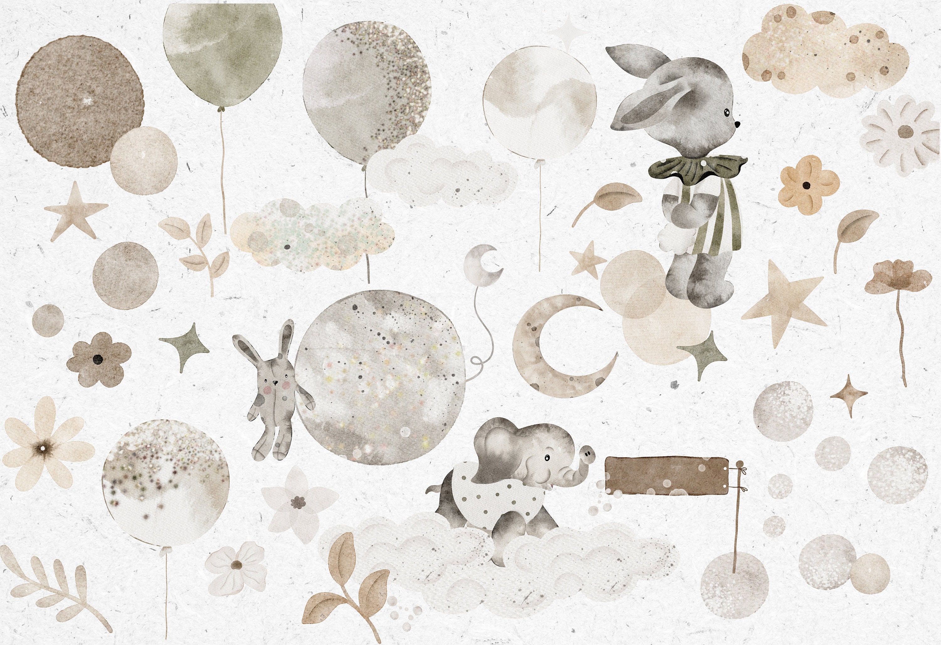 80 Dusty Grey Moon Dreams Clipart Set, Watercolor Vintage Premade ...