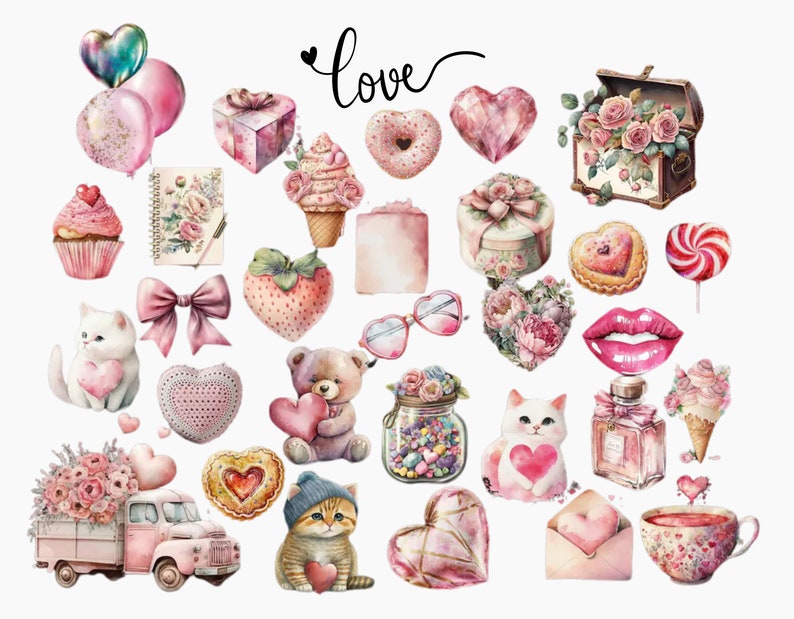 32 Beautiful Assorted Pink Valentines Clipart Set, Customize Your Gift ...