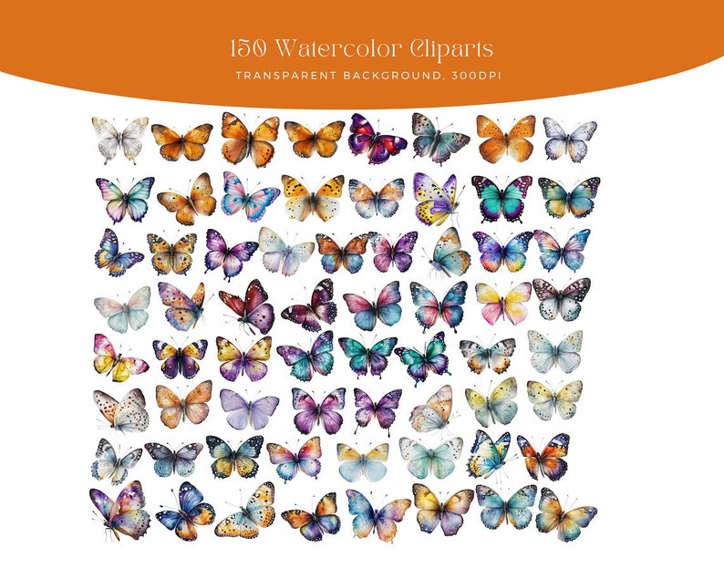 150 Watercolor Wild Butterflies Clipart Set, Vintage Retro Premade ...