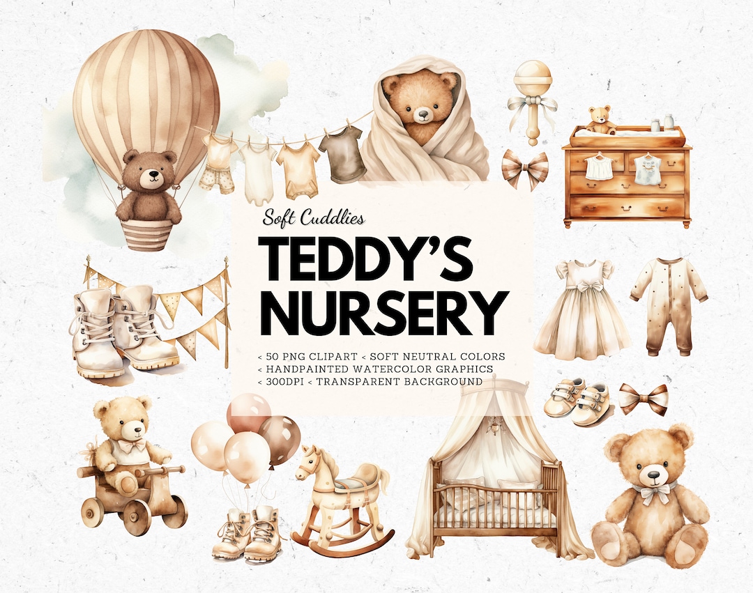Teddy's Cozy Nursery Clipart Bundle, 50 Premade Watercolor Clipart ...