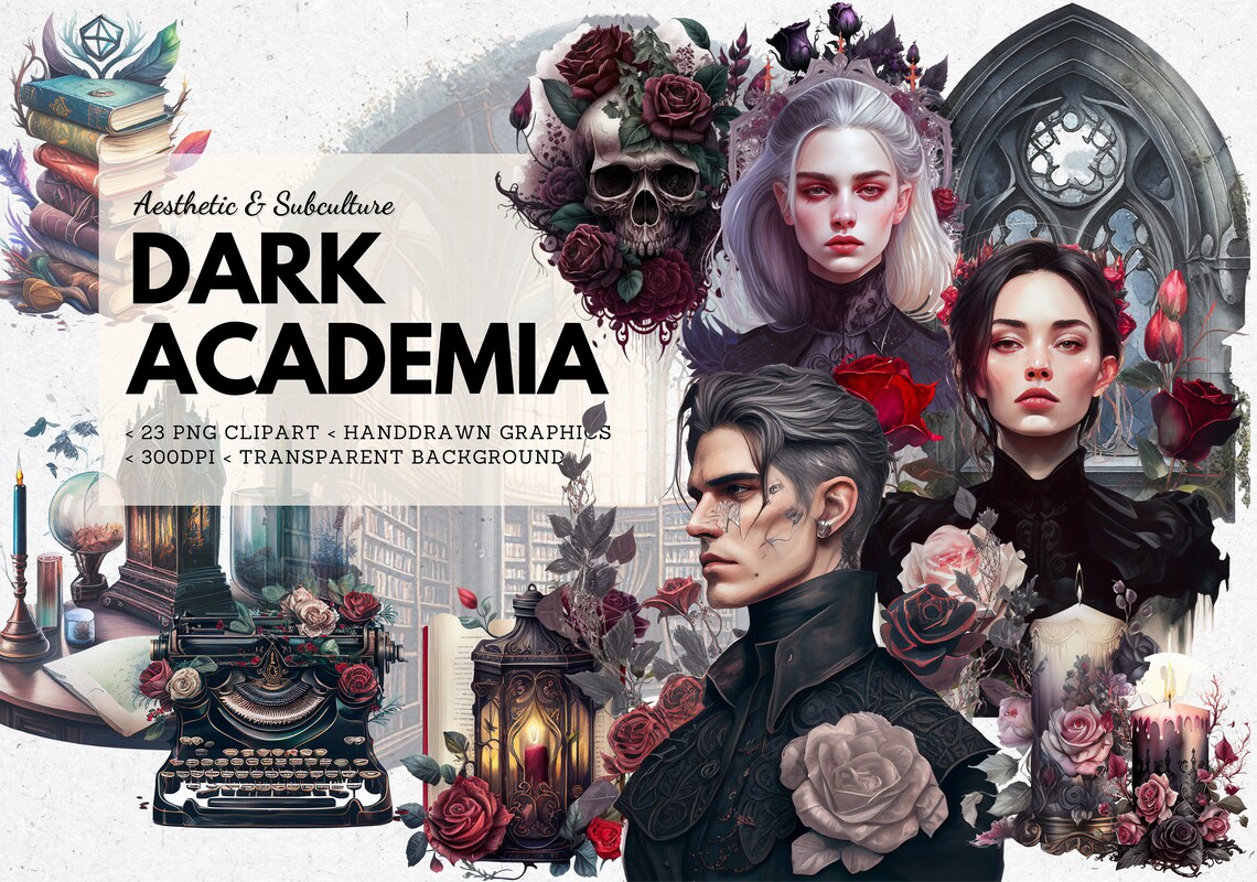 23 Dark Academia Clipart Bundle, Premade Watercolor Graphics, Darkest ...