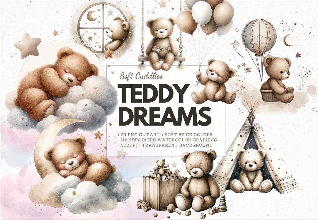 Teddy's Dreams Clipart Bundle, 25 Premade Watercolor Clipart, Cuddlies, Cute Teddy, Beige Warm ...
