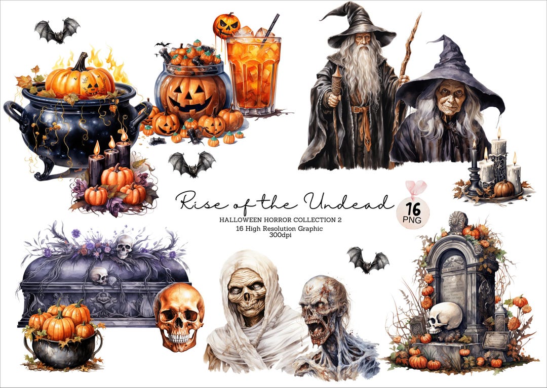 16 Rise of the Undead - Halloween Clipart Bundle, Scary Watercolor ...