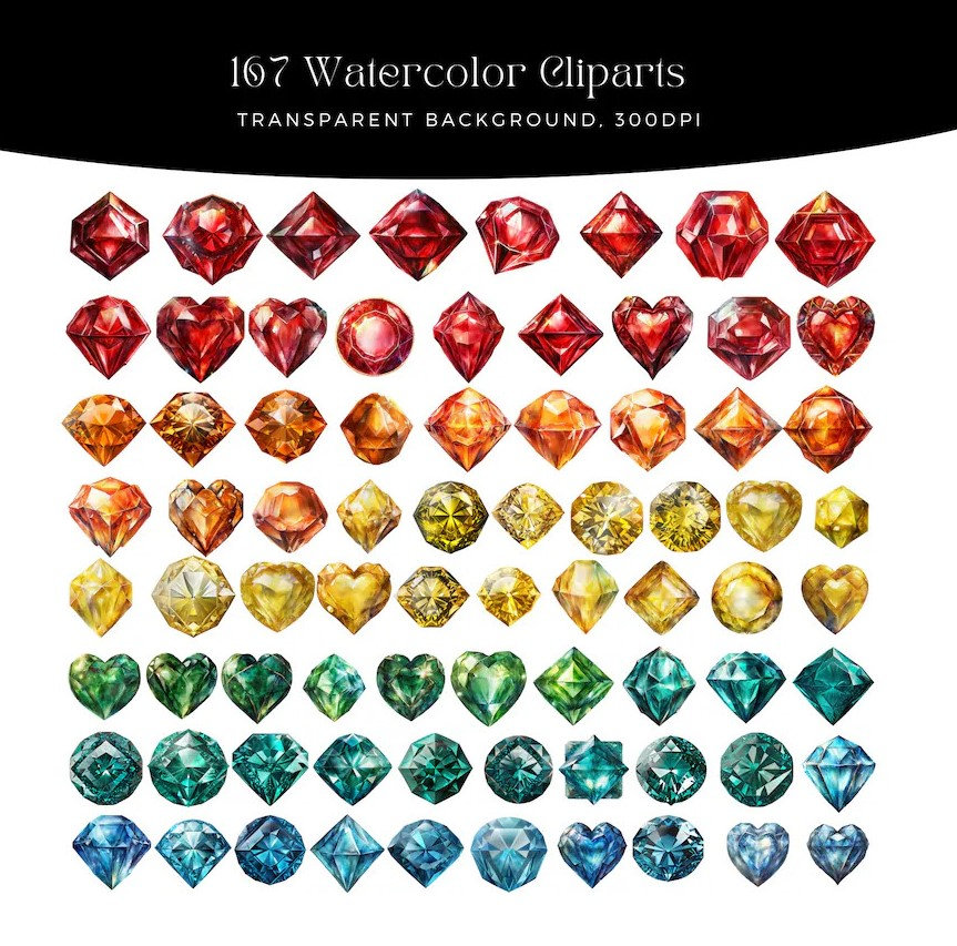 167 Beautiful Assorted Gemstones Clipart Set, Precious Stones, Diamonds ...
