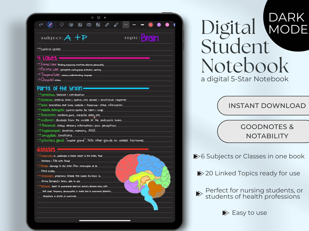 Portrait Digital Student Notebook With Tabs, DARK MODE, Digital Paper ...