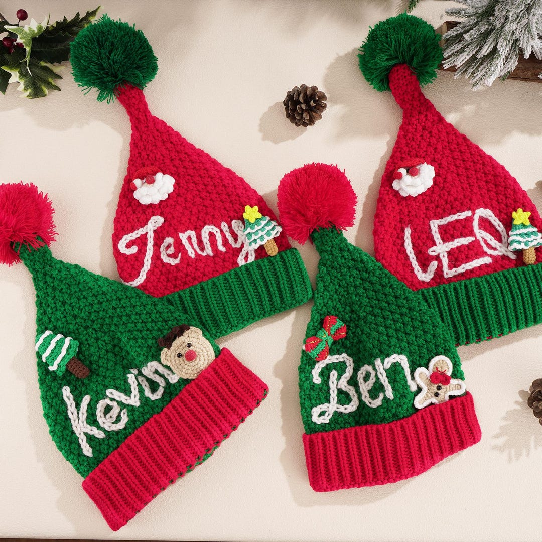 Personalized Knitted Santa Hats, Hand Embroidered Santa Hat for Family ...