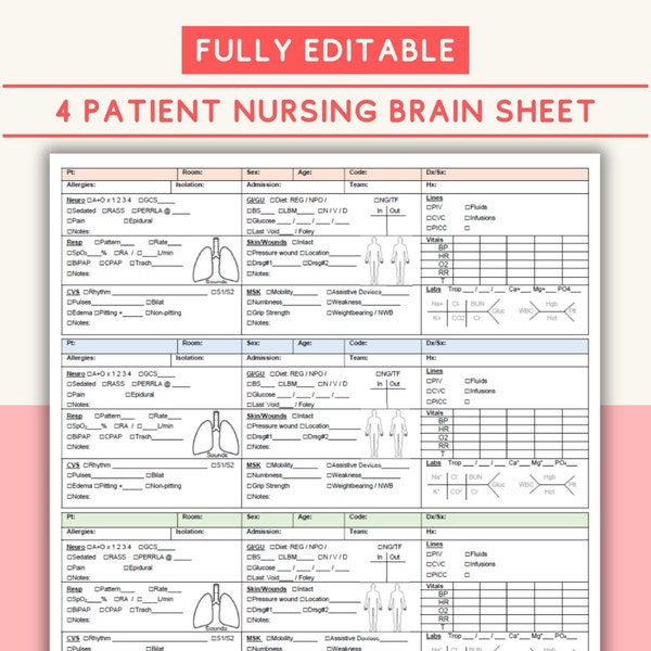 Editable Nursing Brain Sheet for Nurse Report Sheet for Nursing Cheat ...