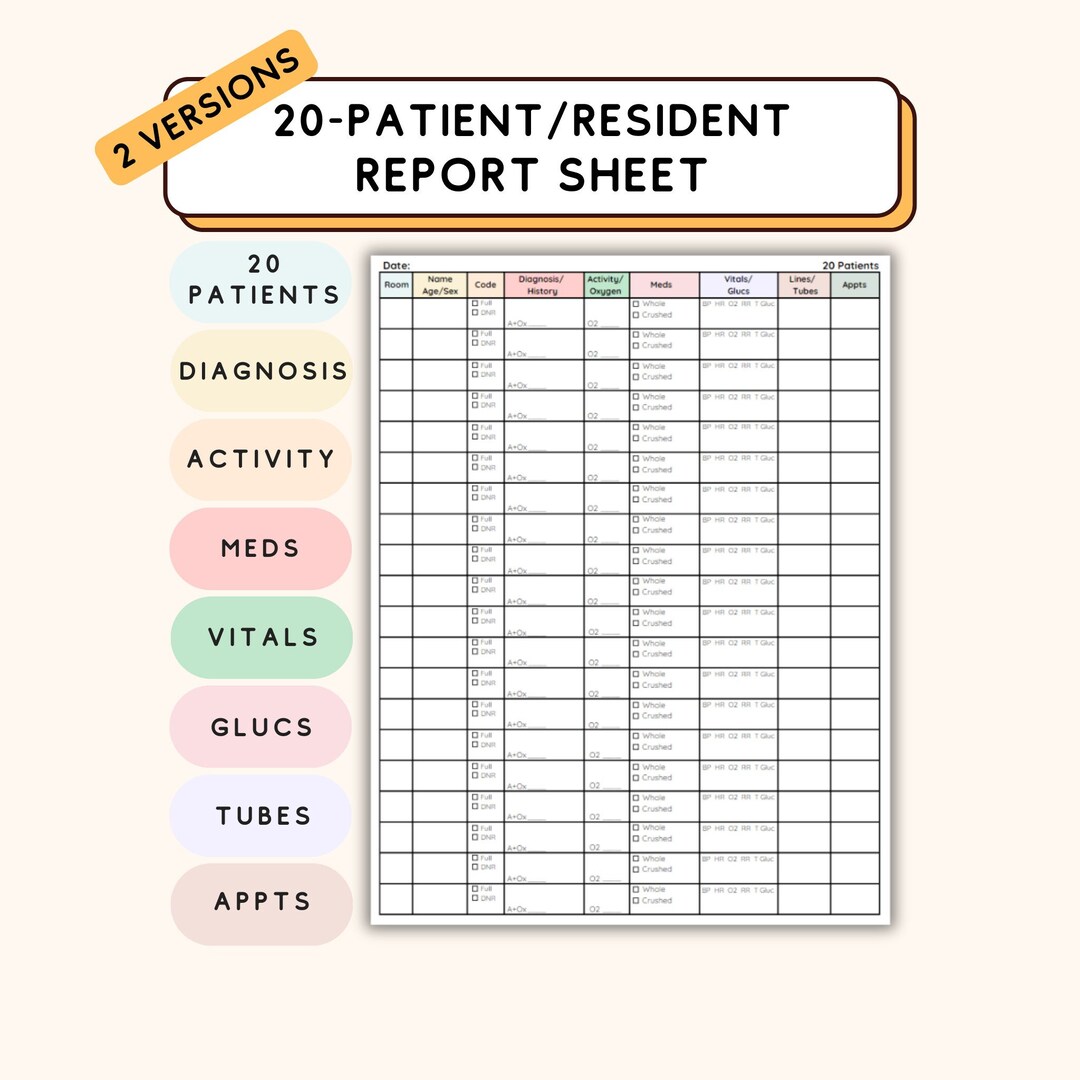 Long Term Care Patient Report Sheet for 20 Patient Long Term Care ...