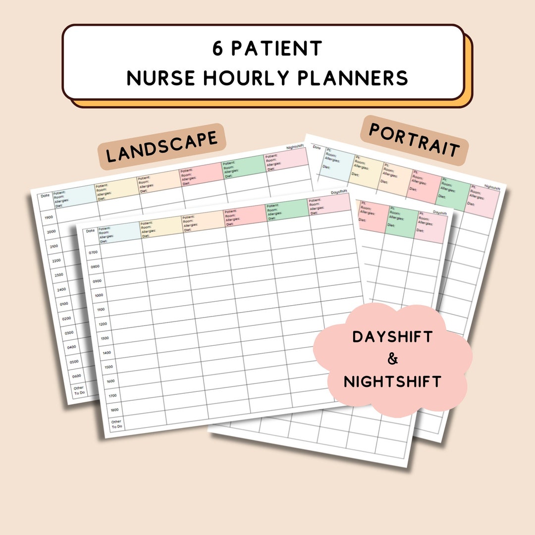 Nursing Hourly Planner for 6 Patient Nurse Hourly to Do for Nursing ...