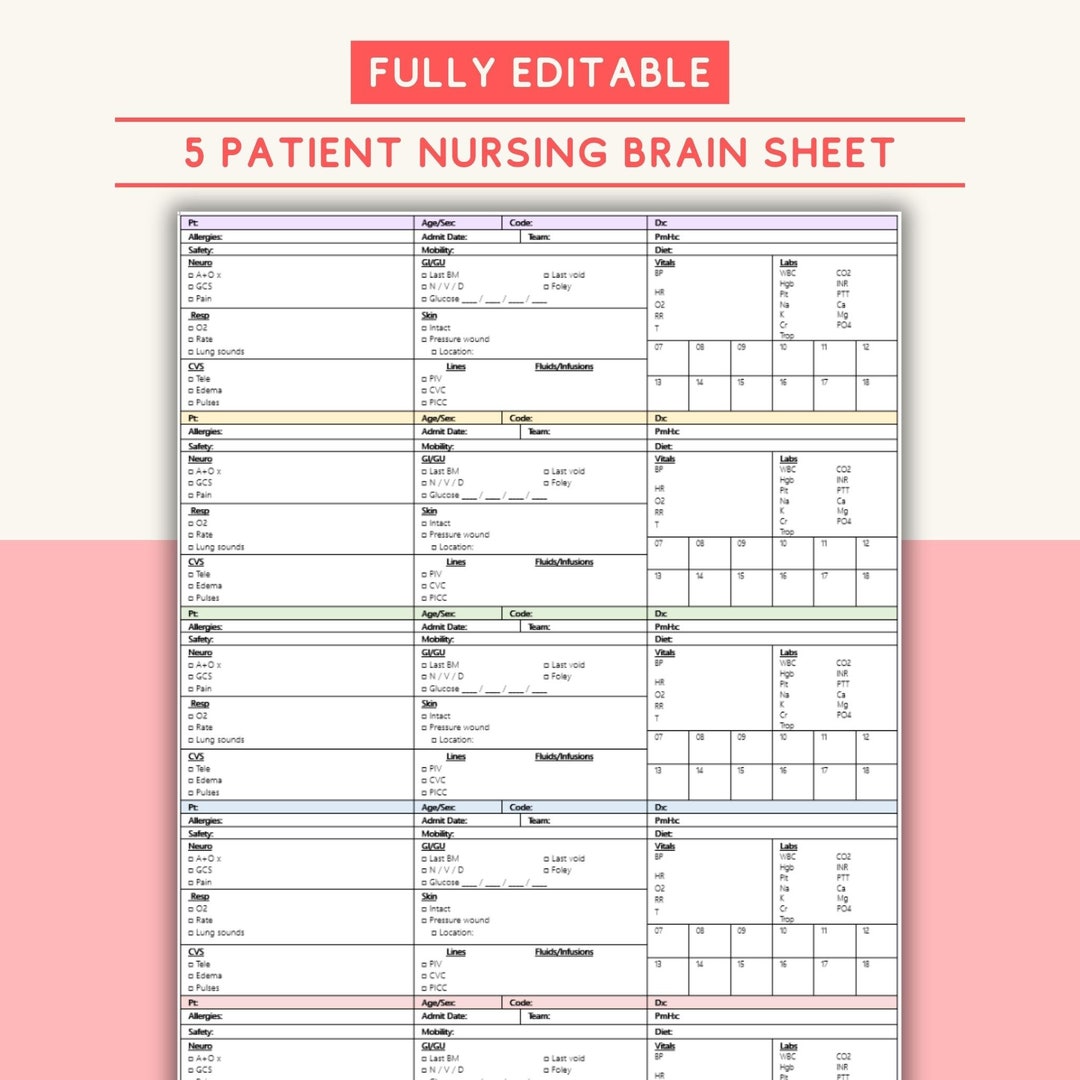 Editable Nursing Brain Sheet for Nurse Report Sheet for Nursing Cheat ...