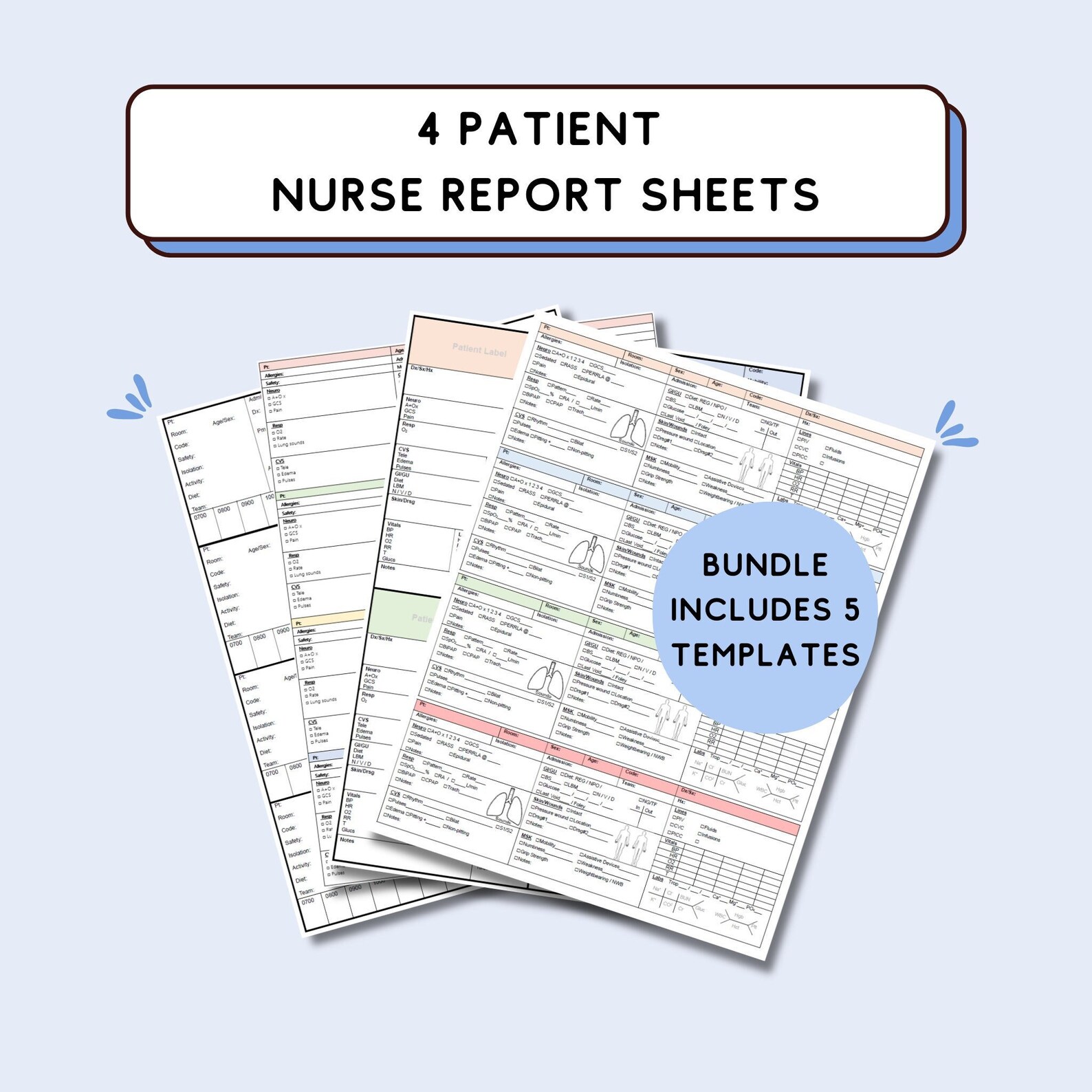 4 Patient Nursing Brain Sheet Bundle for Multiple Patient Nurse Cheat ...