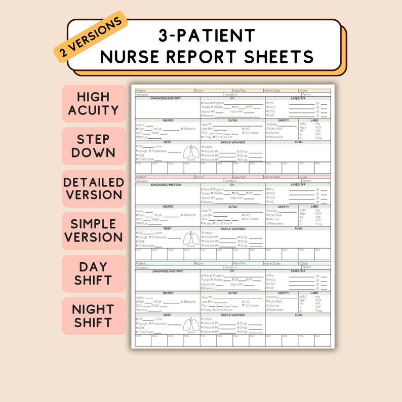 High Acuity Nurse Report Sheet for Step Down Nurse Report Sheet for ...