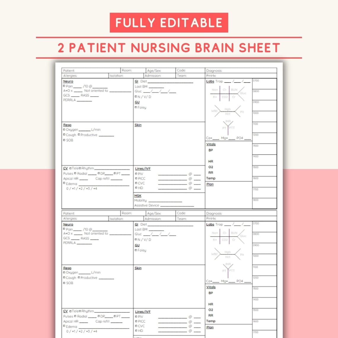 Editable Nursing Brain Sheet for Nurse Report Sheet for Nursing Cheat ...
