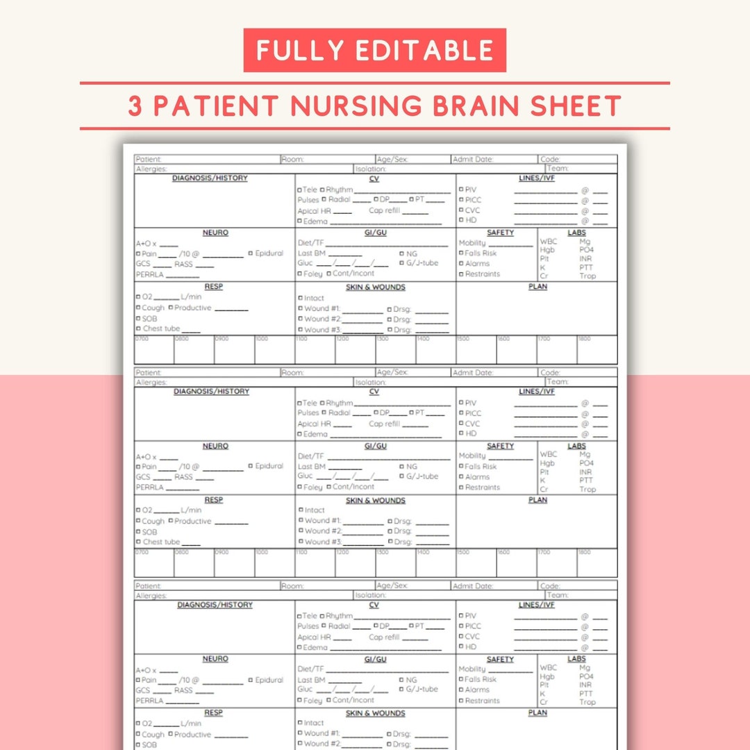 Editable Nursing Brain Sheet for Nurse Report Sheet for Nursing Cheat ...