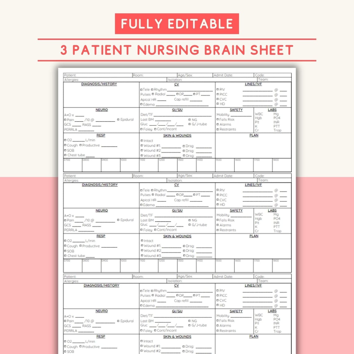 Editable Nursing Brain Sheet for Nurse Report Sheet for Nursing Cheat ...