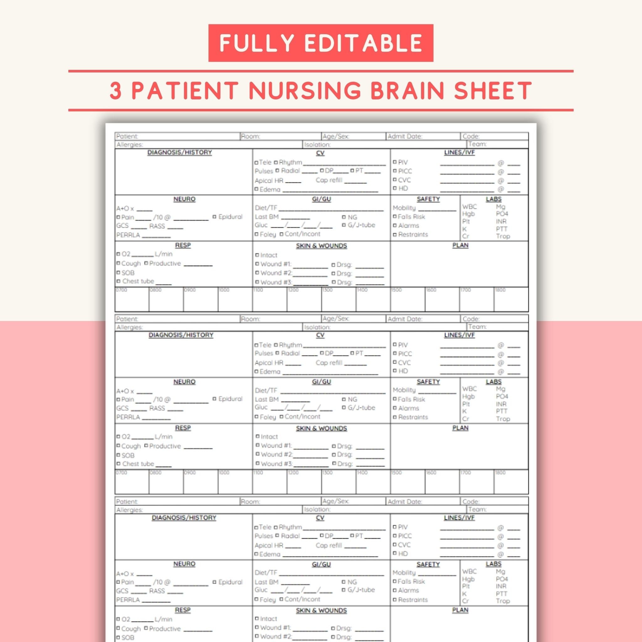 Editable Nursing Brain Sheet for Nurse Report Sheet for Nursing Cheat ...