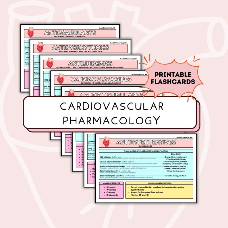 Cardiovascular Pharmacology Flashcards for NCLEX Cardiovascular Med for ...