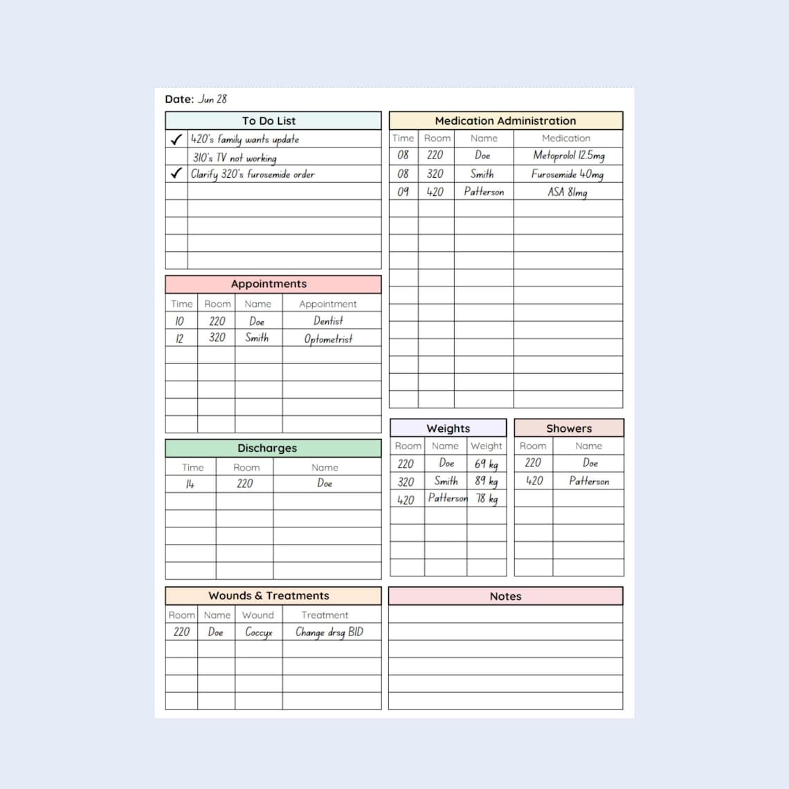 Long Term Care Shift Organizer for LTC Nurse Long Term Care Report ...