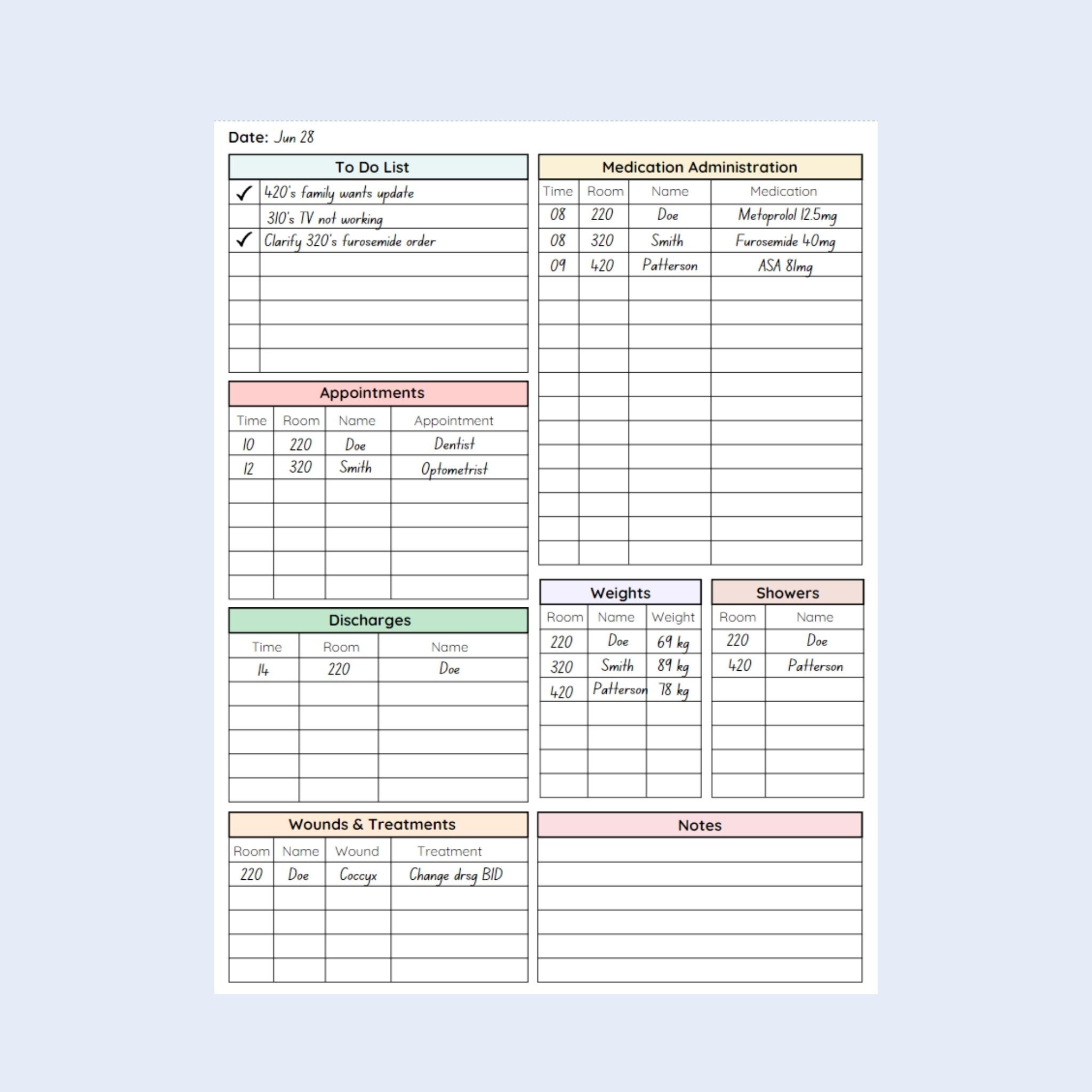 Long Term Care Shift Organizer for LTC Nurse Long Term Care Report ...